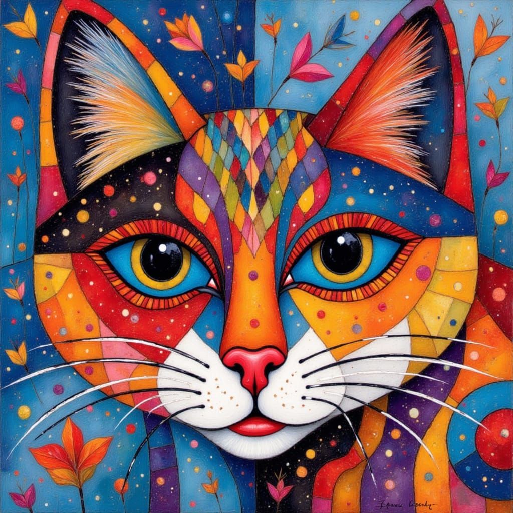 Abstract Folk Art Cat Face in Expressionist Style - AI Art