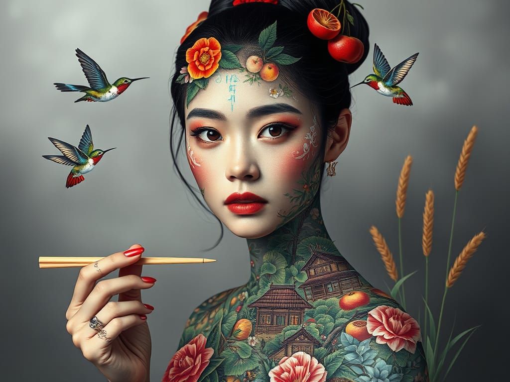 East Asian Goddess with Vibrant Body Art and Hummi... - AI Art