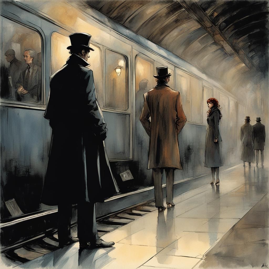Sherlock Holmes in a train station observing a Mysterious Lady - AI Generated Artwork ...