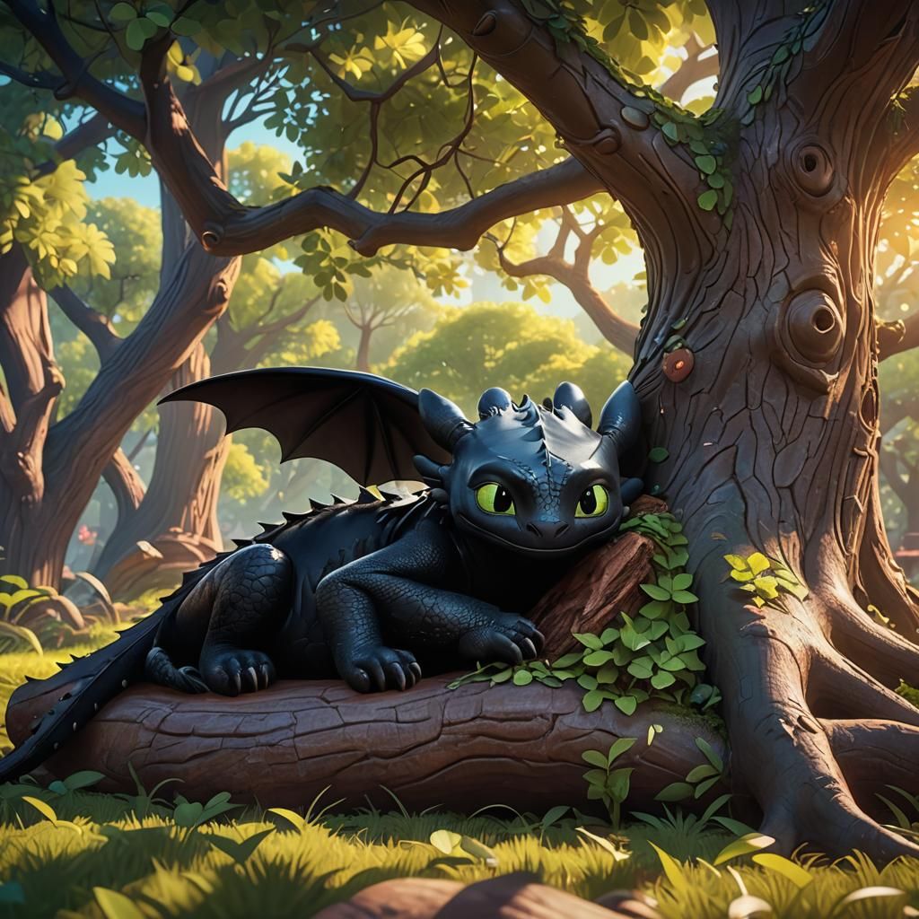 Toothless sleeping under a tree - Surreal Landscape with Dra...
