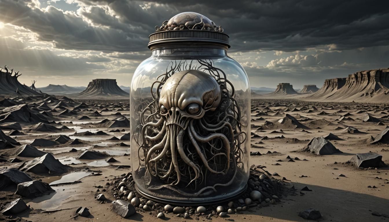 bizarre fetus of a strange creature in a large glass jar in the middle ...