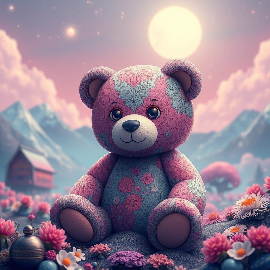 Pretty Teddy - Vibrant Teddy Bear in Whimsical Japanese Land...