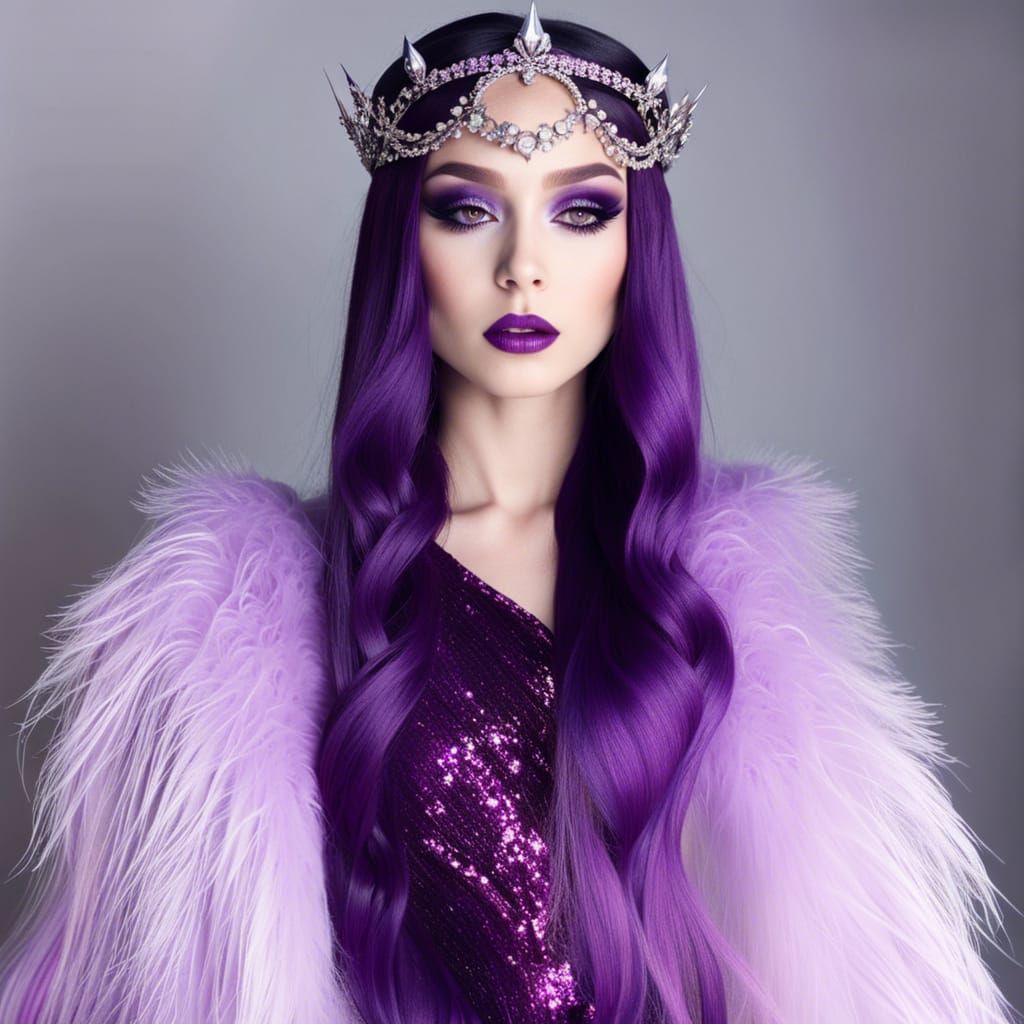 Ethereal amethyst Queen with long flowing purple hair amethyst crown& purple eyes& purple ...