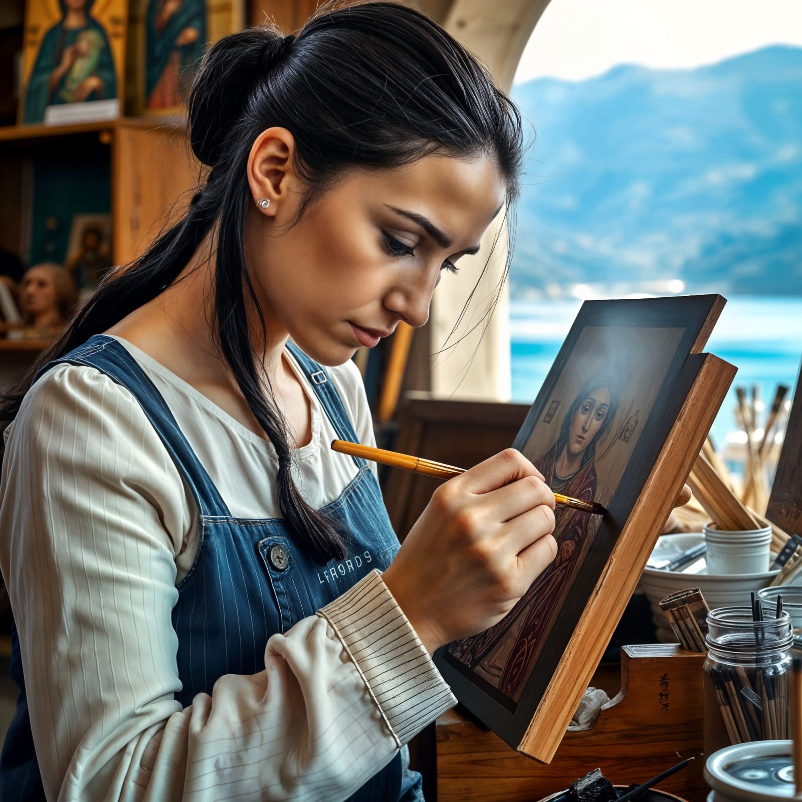 Woman in Ohrid, North Macedonia, meticulously painting a religious icon ...