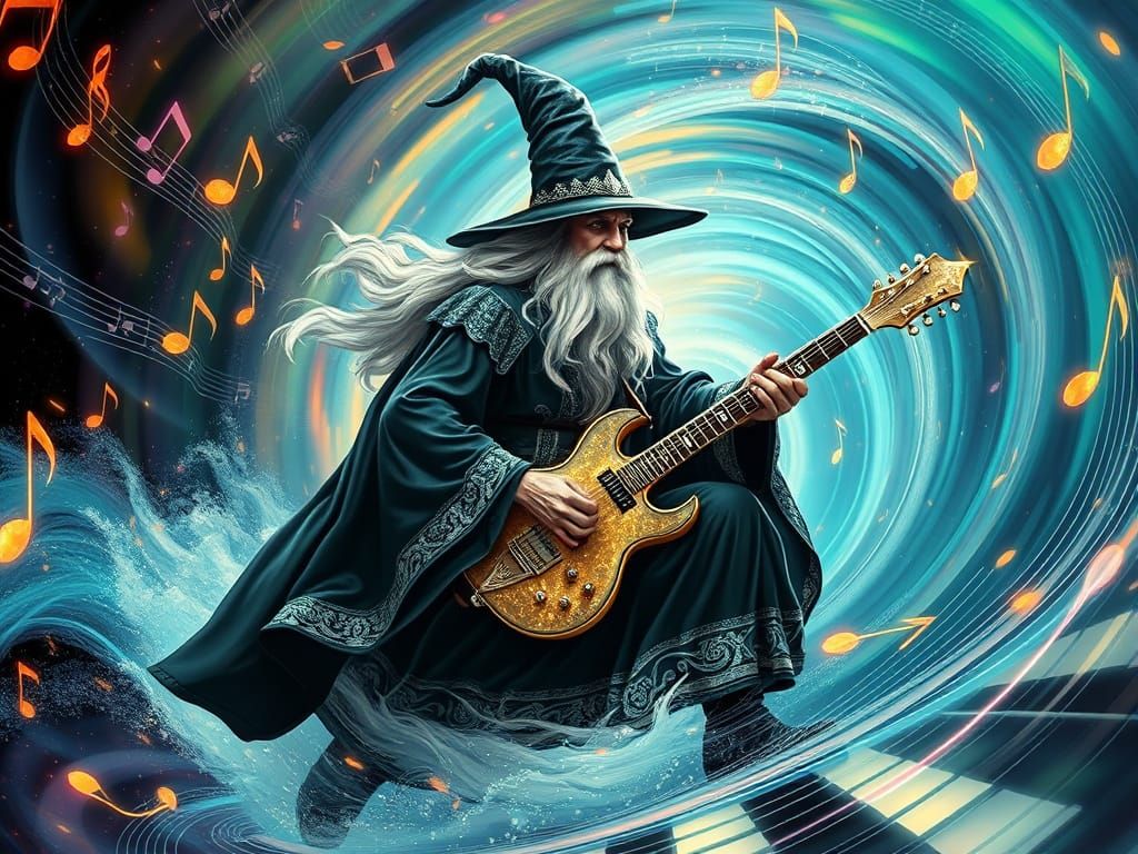 Ethereal Wizard Rides Time and Space on Crystal Gu... - AI Art