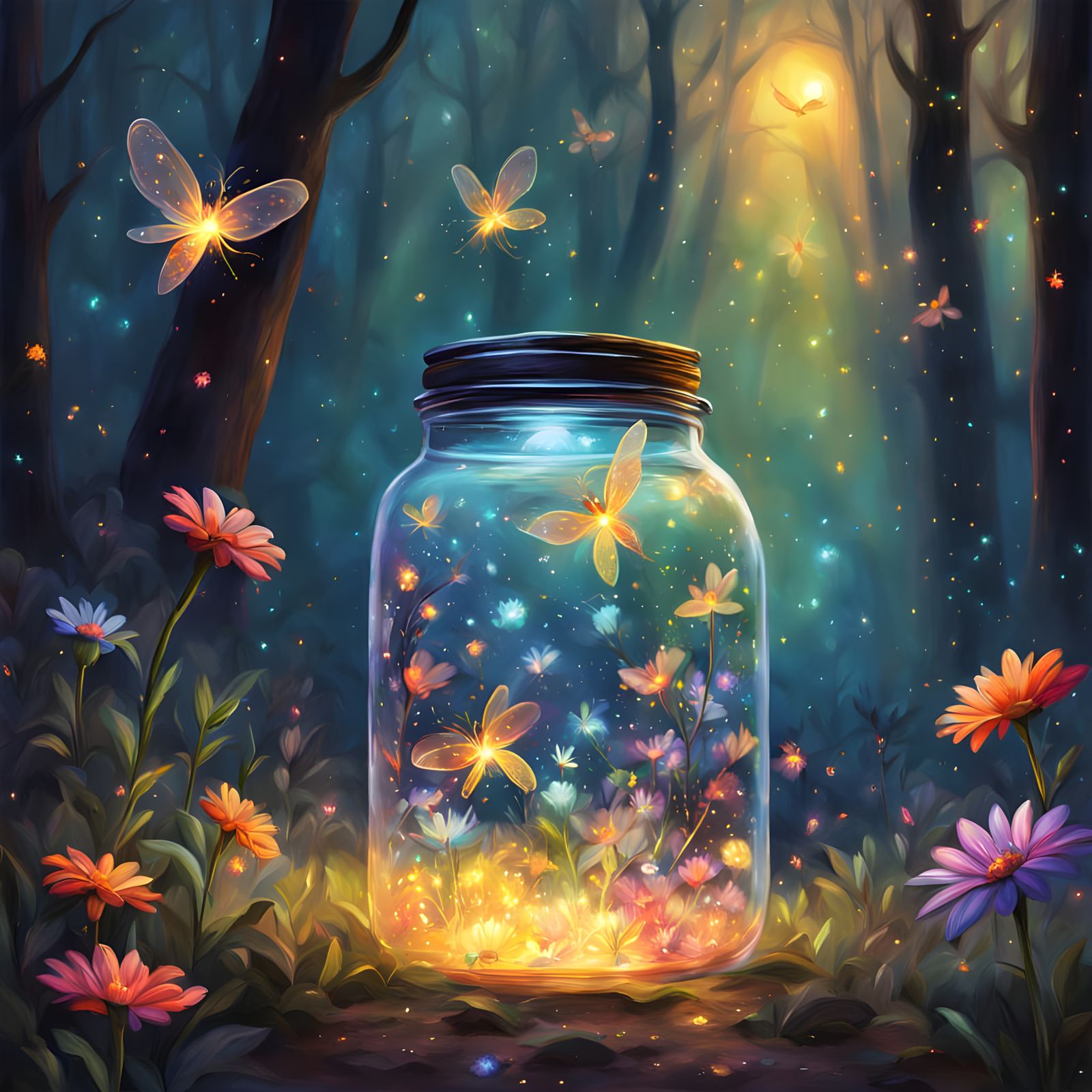 Whimsical Glass Jar Erupts with Rainbow Fireflies ... - AI Art