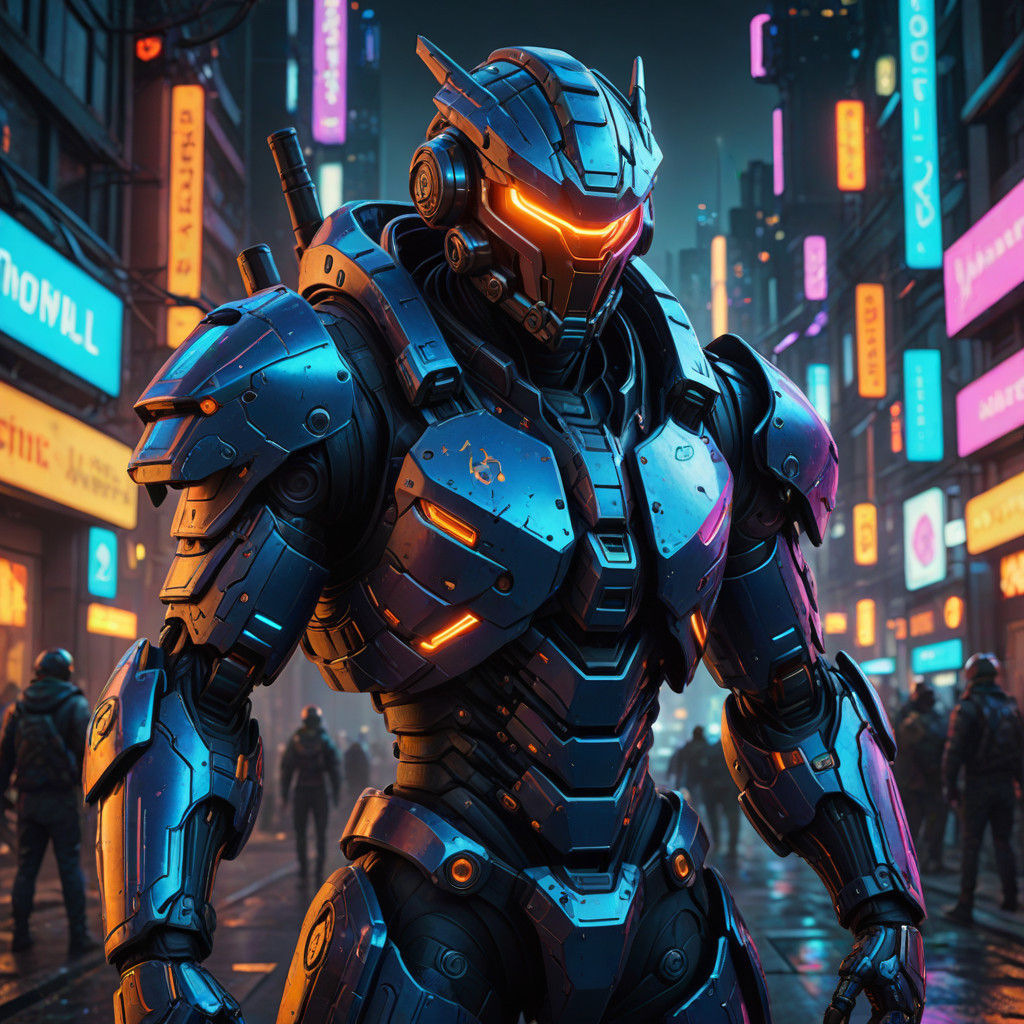 futuristic cyberpunk mech warrior with pulsing helmet, giant sword and ...