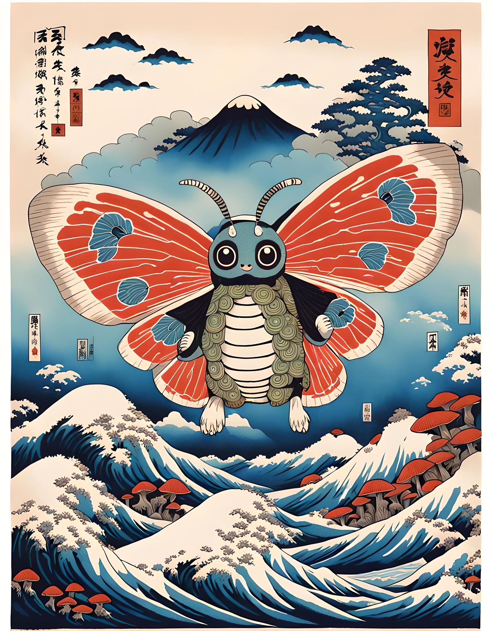 Kawaii Mothra - Surreal Kawaii Goddess in Traditional Ukiyo-...