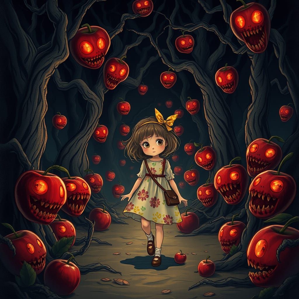 Girl Walks Through Dark Whimsical Zombie-Apple Gro... - AI Art