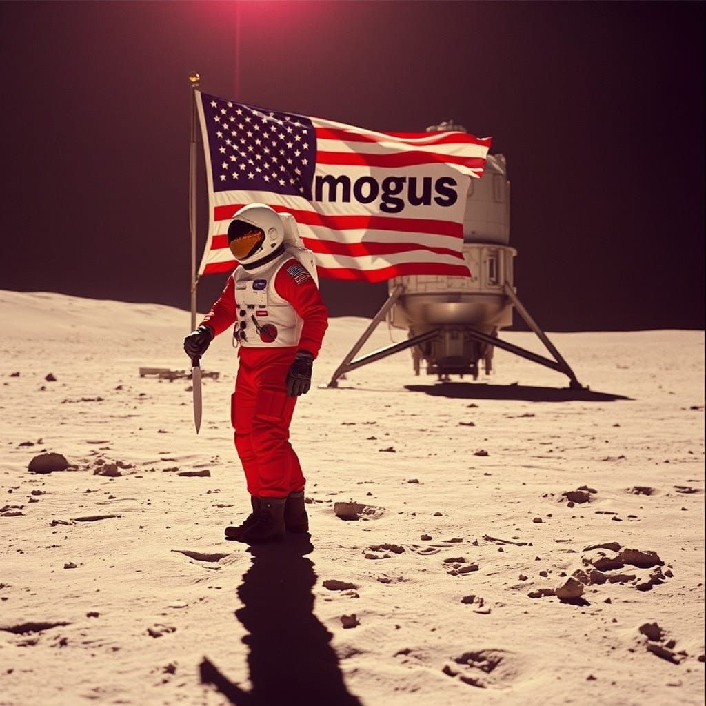 The scene of the Apollo moon landing the flag is red and has the word ...