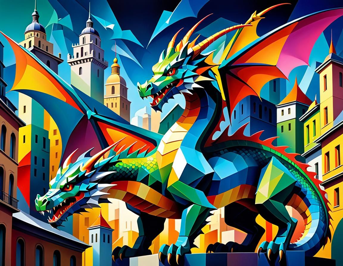 vibrant surreal neo-cubistic dragon, in a city, abstract cubism - AI ...