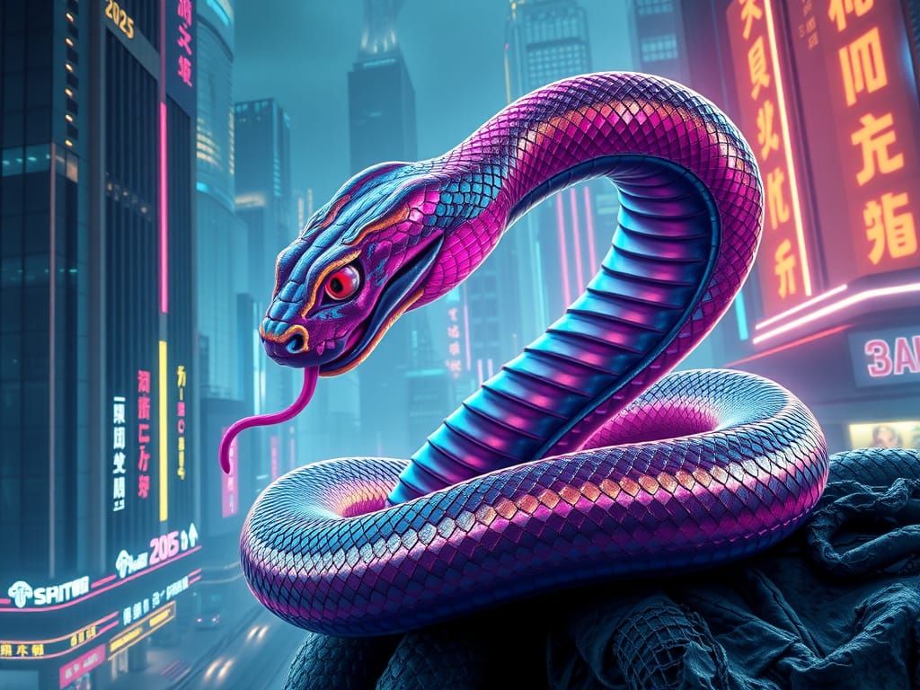 Glowing Futuristic Serpent Rises from Cyberpunk Sh... - AI Art