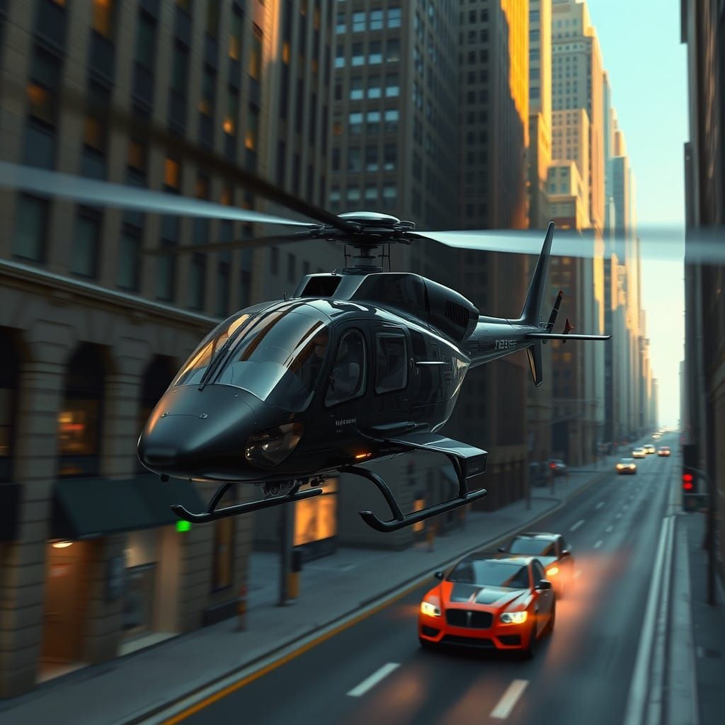 High-Tech Helicopter Soars Through City Skies Purs... - AI Art