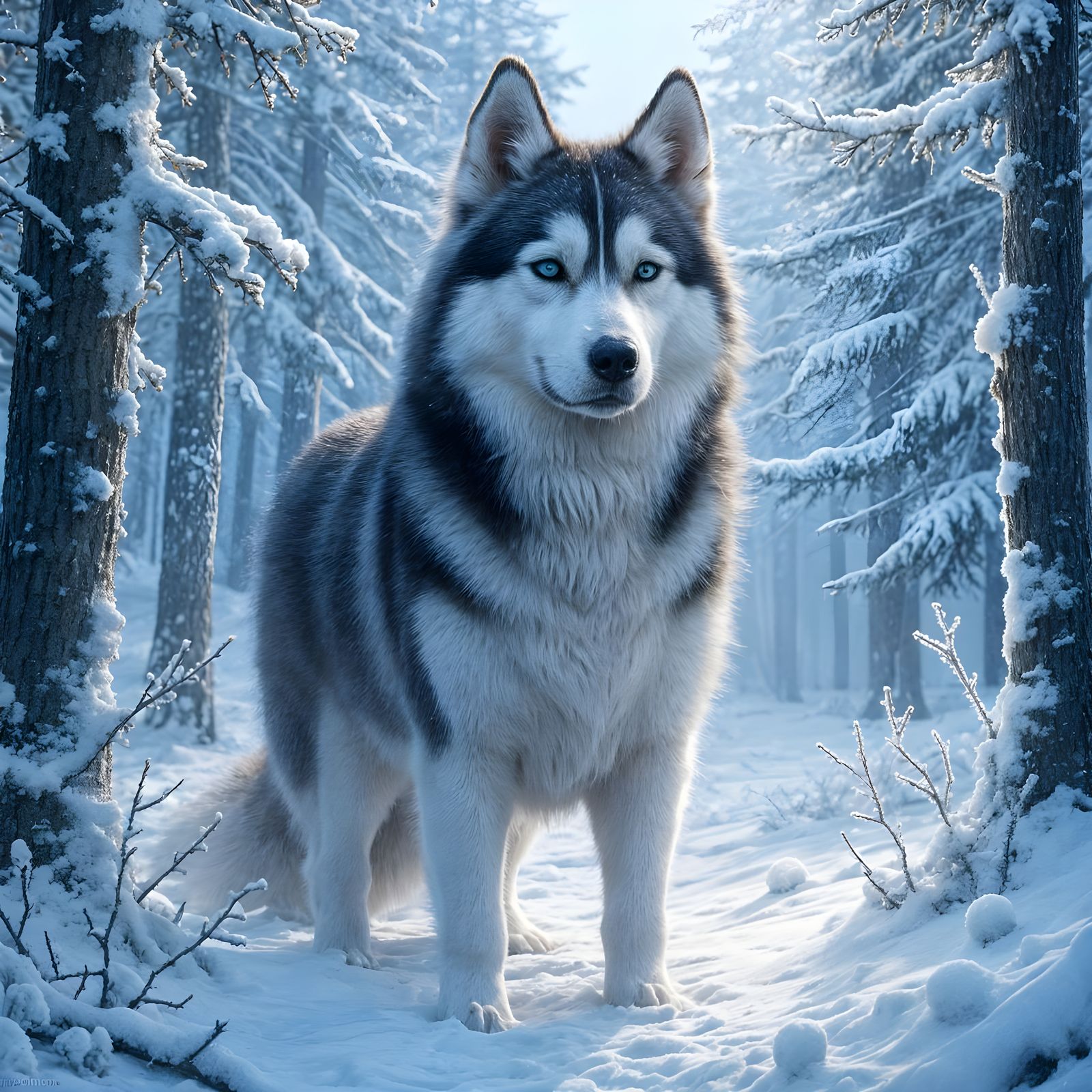 Majestic Siberian Husky in Frosty Pine Forest - AI Art