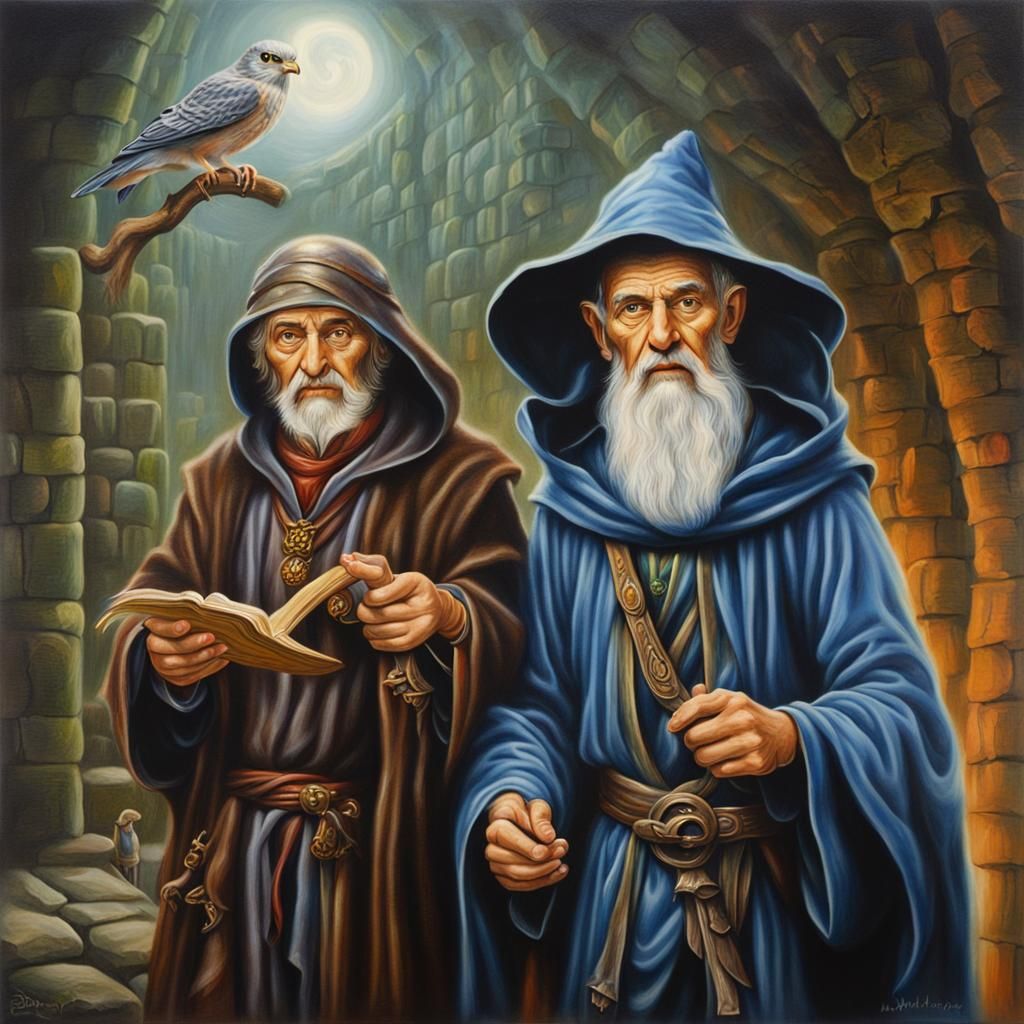 merlin and his young sorcerer's apprentice, high detailed, clean oil ...