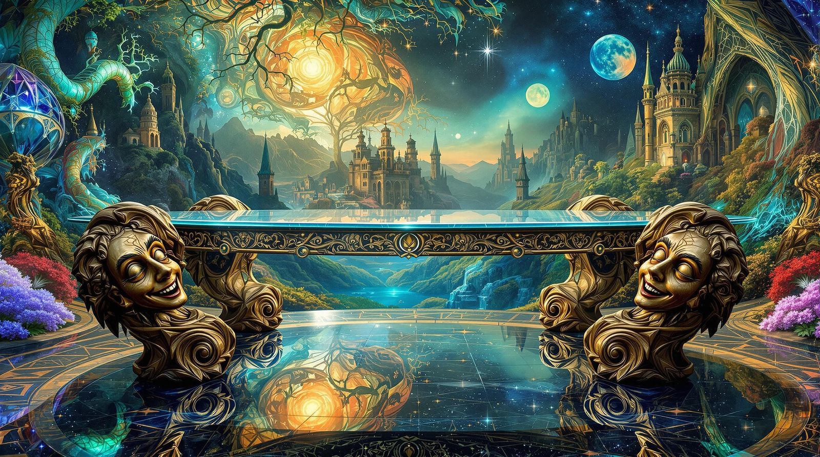 an old style wooden table on a glass plate, with demonic faces on his ...