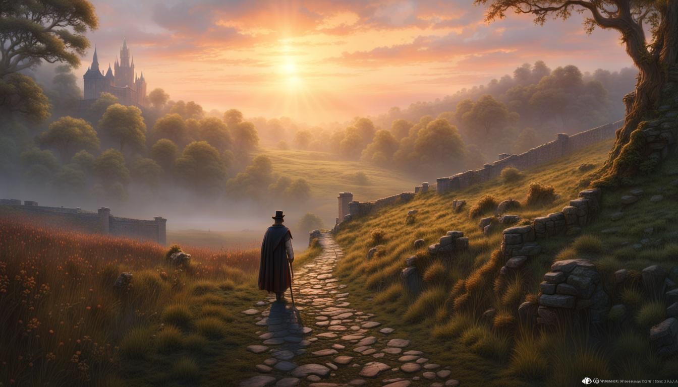 a solitary pilgrim on the path to Compostela, at dawn, light mist, Marc ...