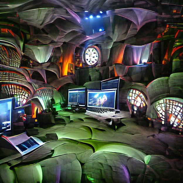 Beautifull fantastical Computers Room with Giant Computers-Screens in ...