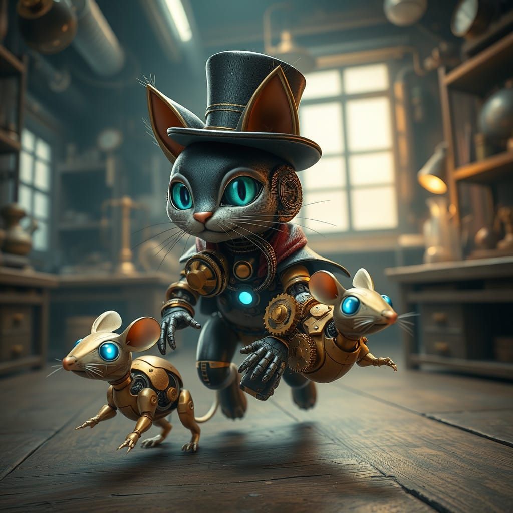 Robotic Cat Chasing Robotic Mouse - Steampunk Feline Pursues...