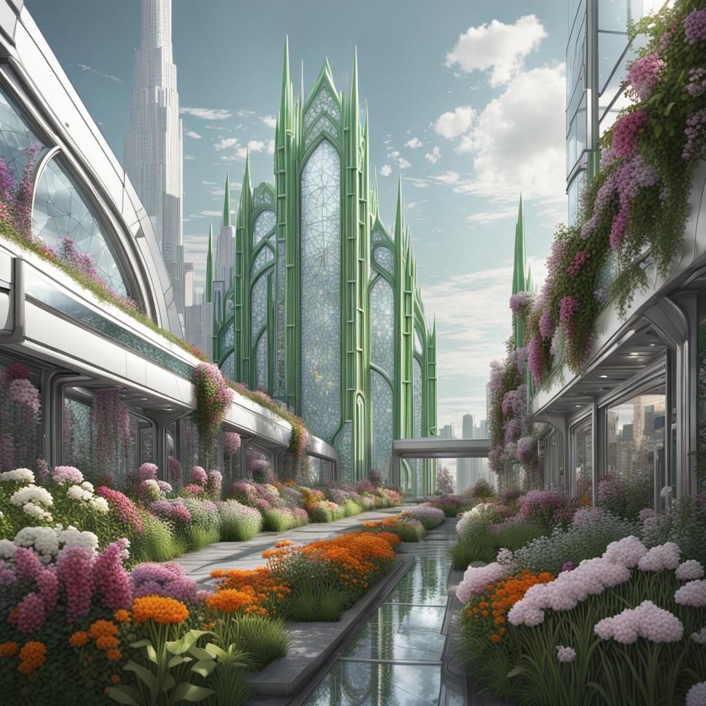 ultra realistic cg rendering of a utopian futuristic city of flowers ...