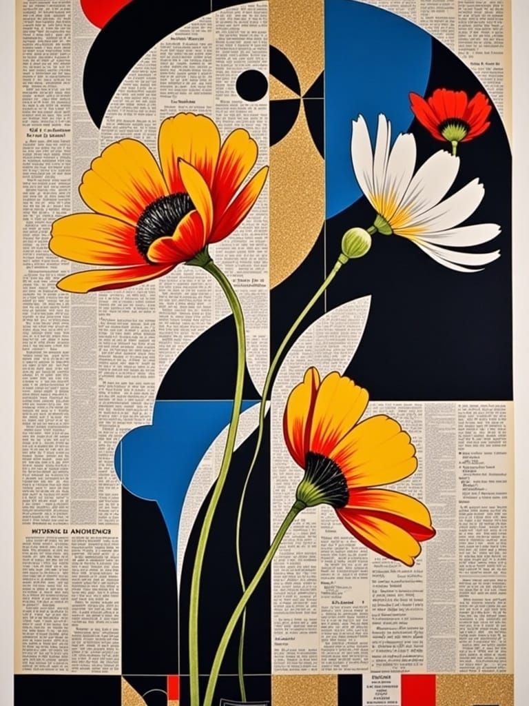 Abstract Poppy Flower Dadaist Art in Cursive Scrip... - AI Art