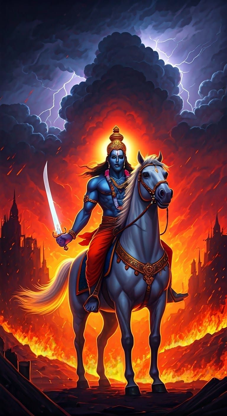 Apocalyptic Vision of Kalki Bhagawan: Fierce Deity... - AI Art