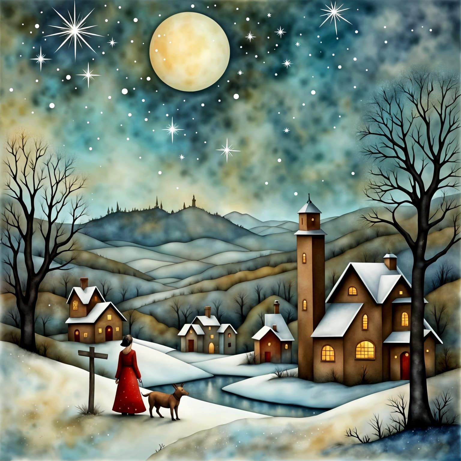 Starry Night III - Starry Night Winter Village in Liquid Ink...