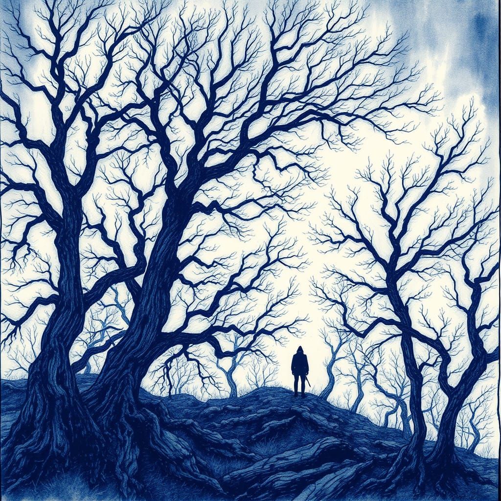 Mysterious Blue Ink Drawing of Shadows - AI Art