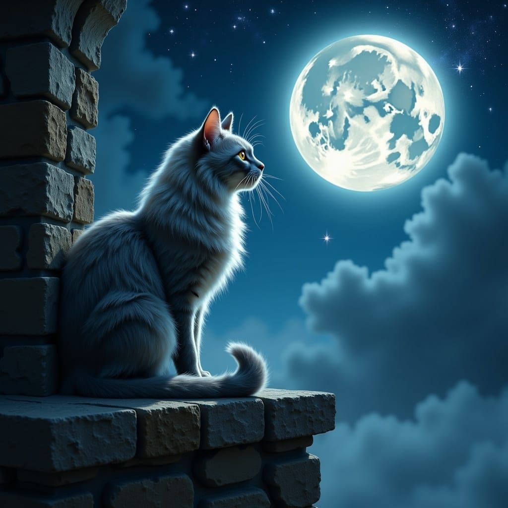 Encaustic. a Grey Long Haired Cat, Sitting Looking Up At The Moon and ...