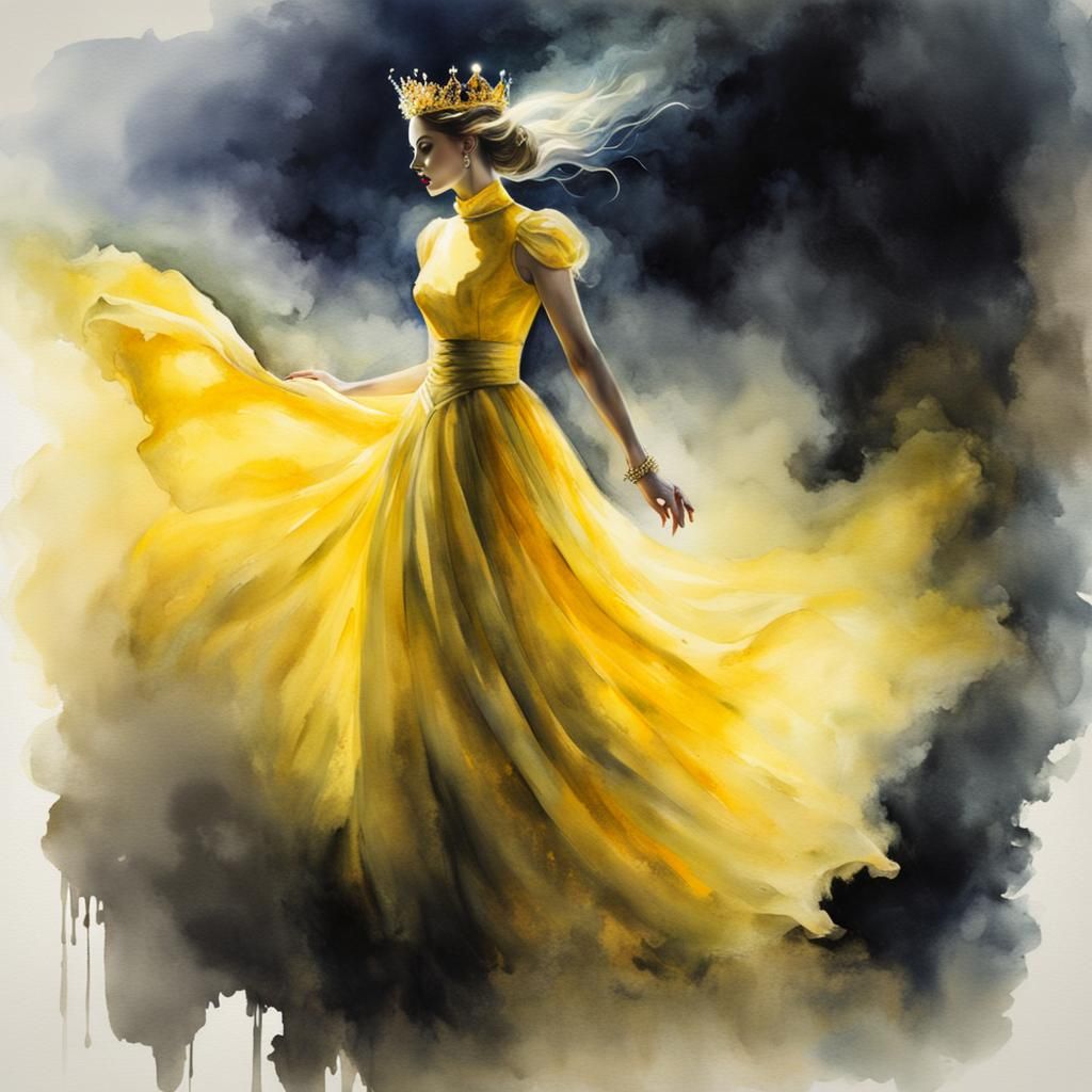 the queen in yellow coming out of the mist, billowing dress with high ...