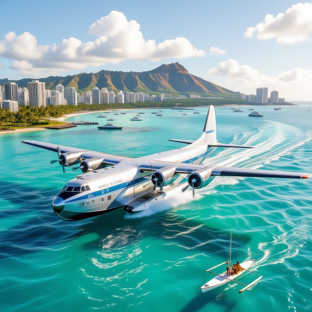 Pan Am Clipper Flying Boat over Honolulu Harbor - AI Art