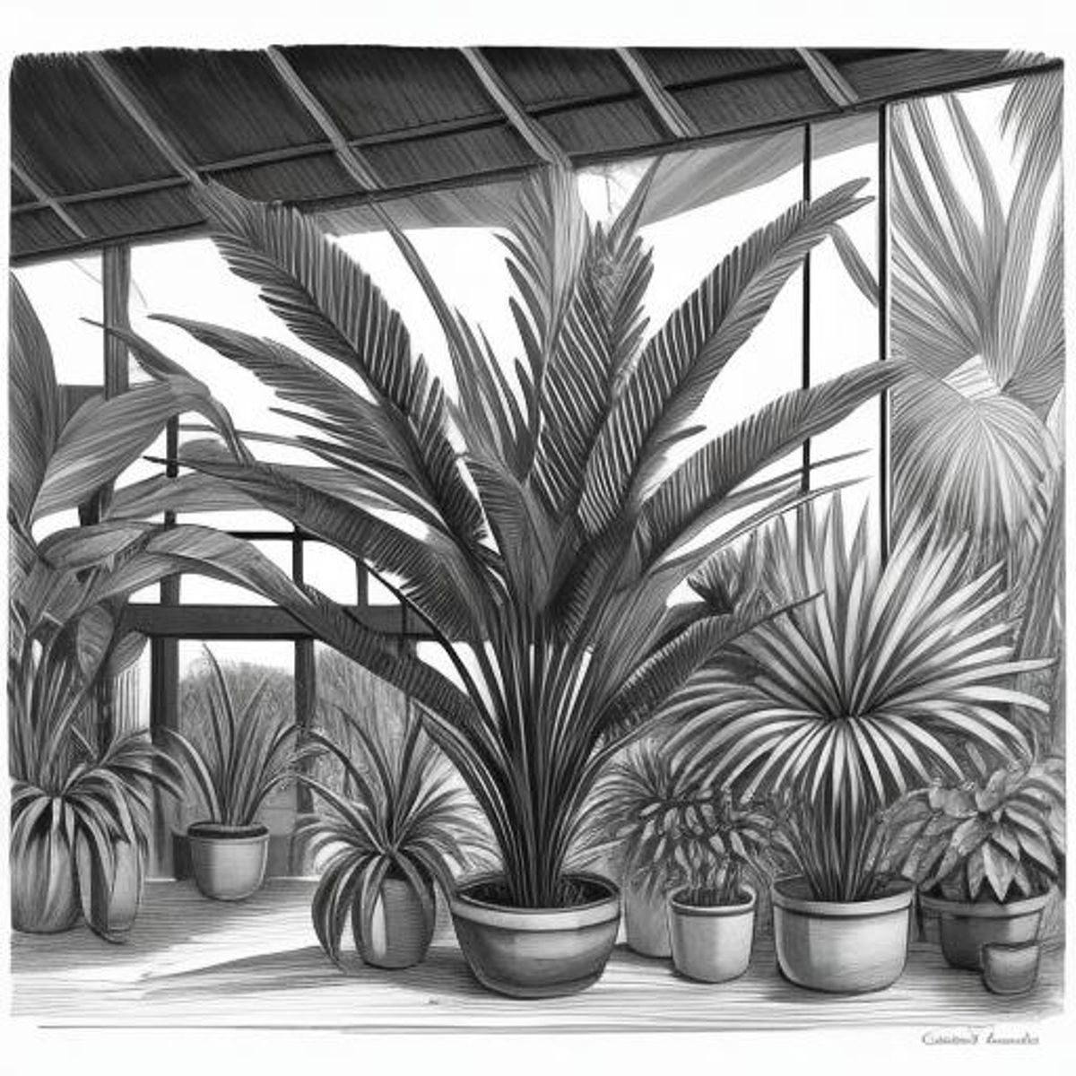 Fan palms with sago palms, cacti, century plants . Ink drawing ...