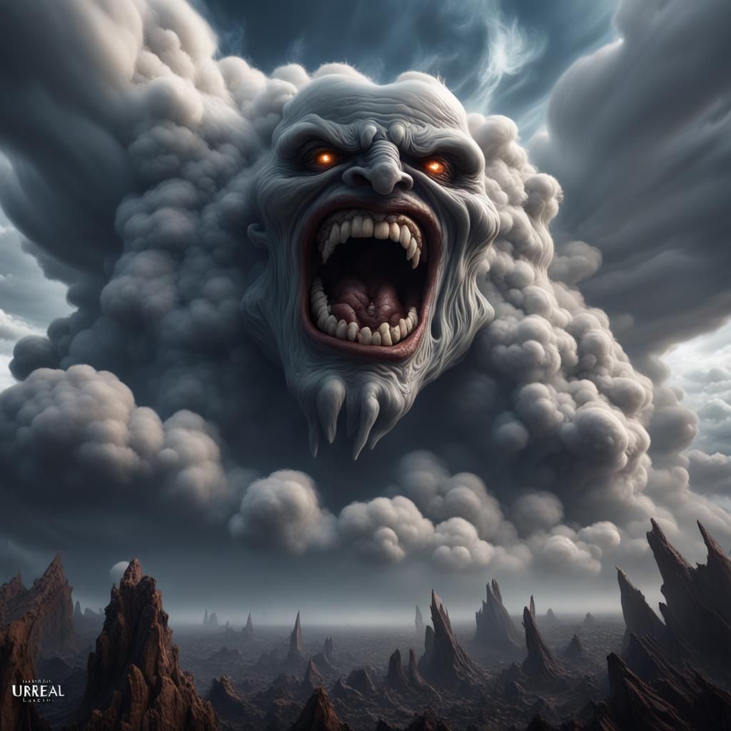 clouds, menacing, realistic, cloud giant, insane, physchotic, horrifying, evil smile, sharp ...