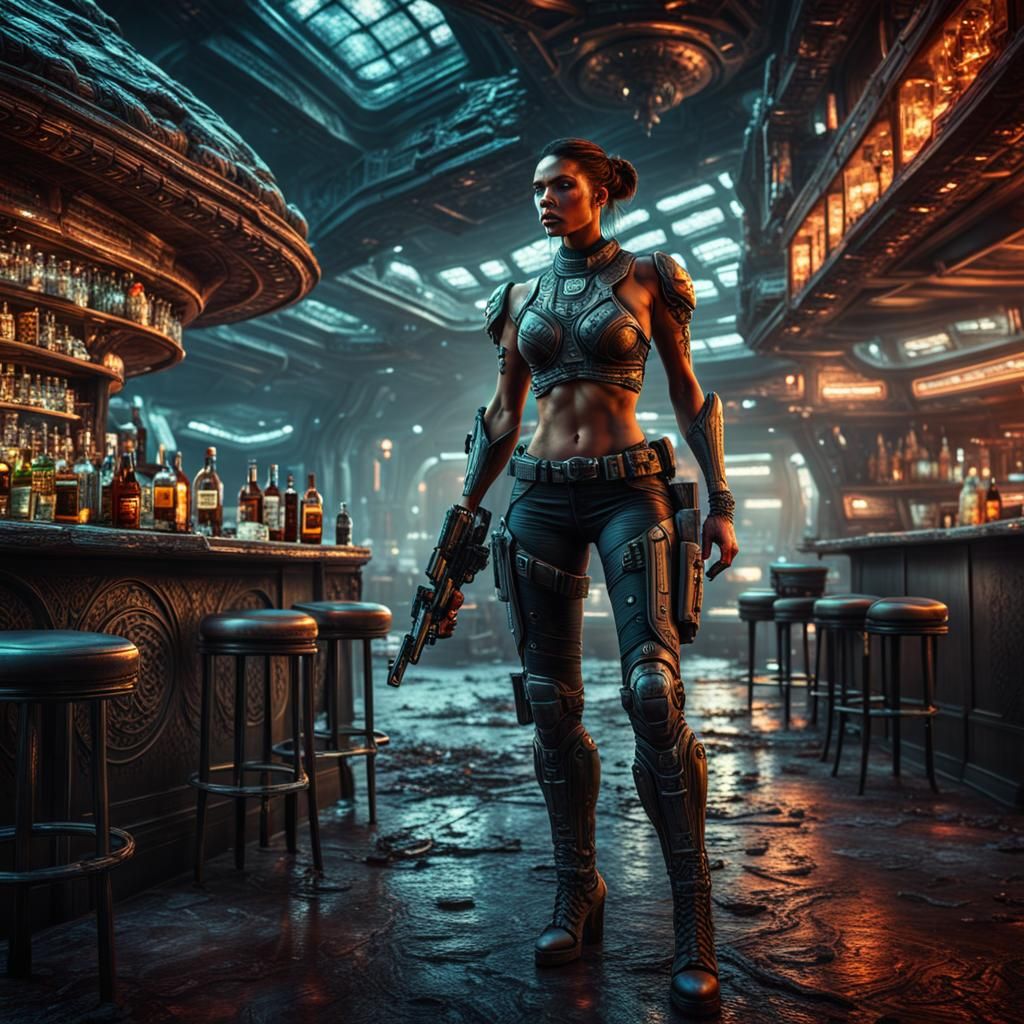 Future female gunslinger on alien planet walking into a bar - AI ...