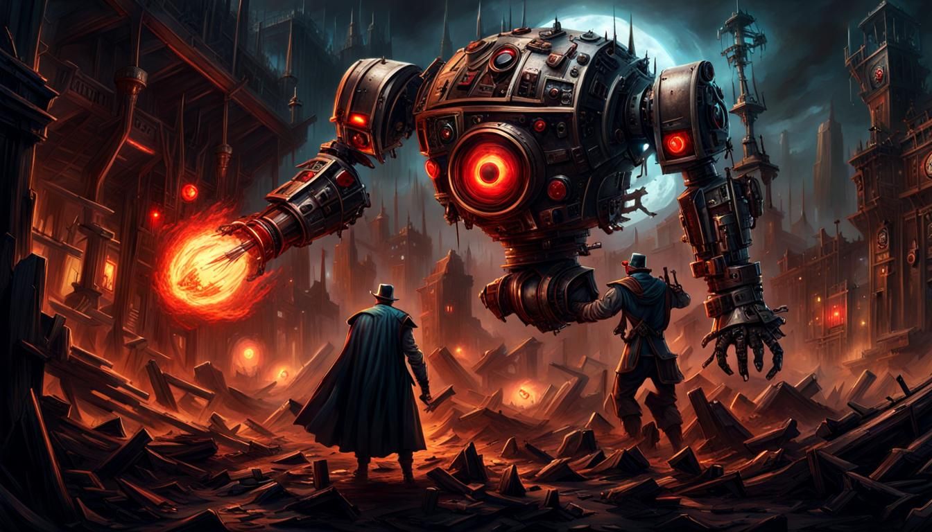 Darkwood style hero fighting a half destroyed steampunk robot with ...