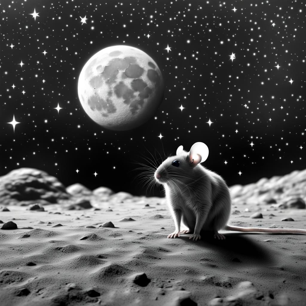 selective color, neon blue mouse on moon surface, grayscale starry ...