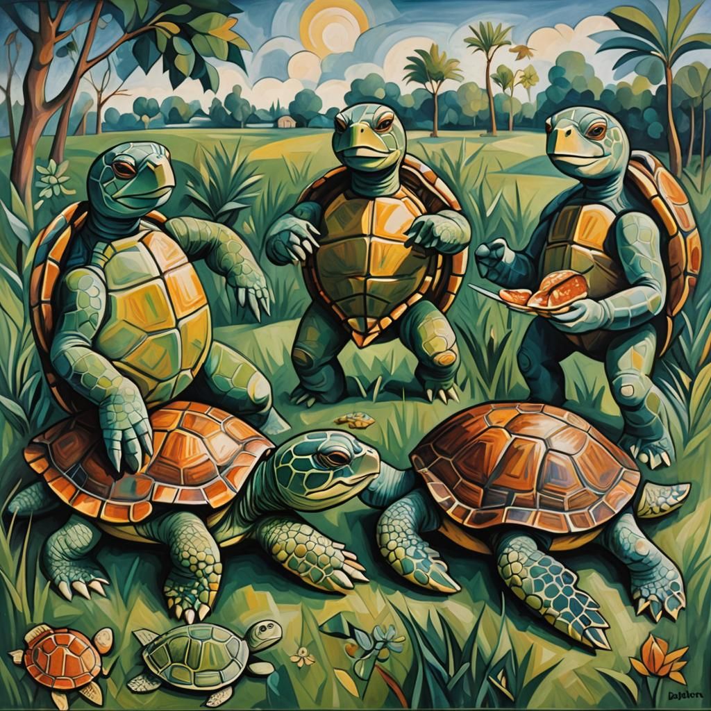 Turtles in Dejeuner sur l'herbe cubism oil on canvas Picasso - AI ...