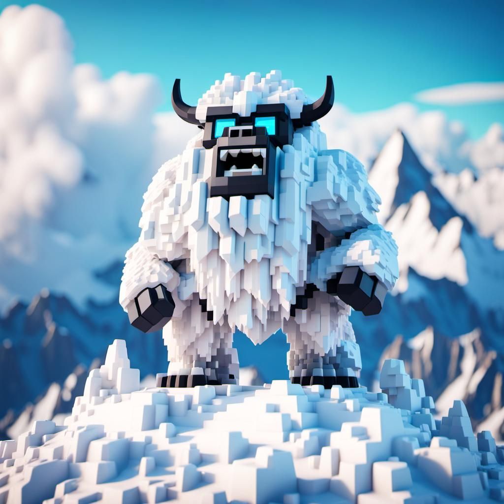 cute giant voxel yeti on top of a mountain surrounded by voxel clouds ...
