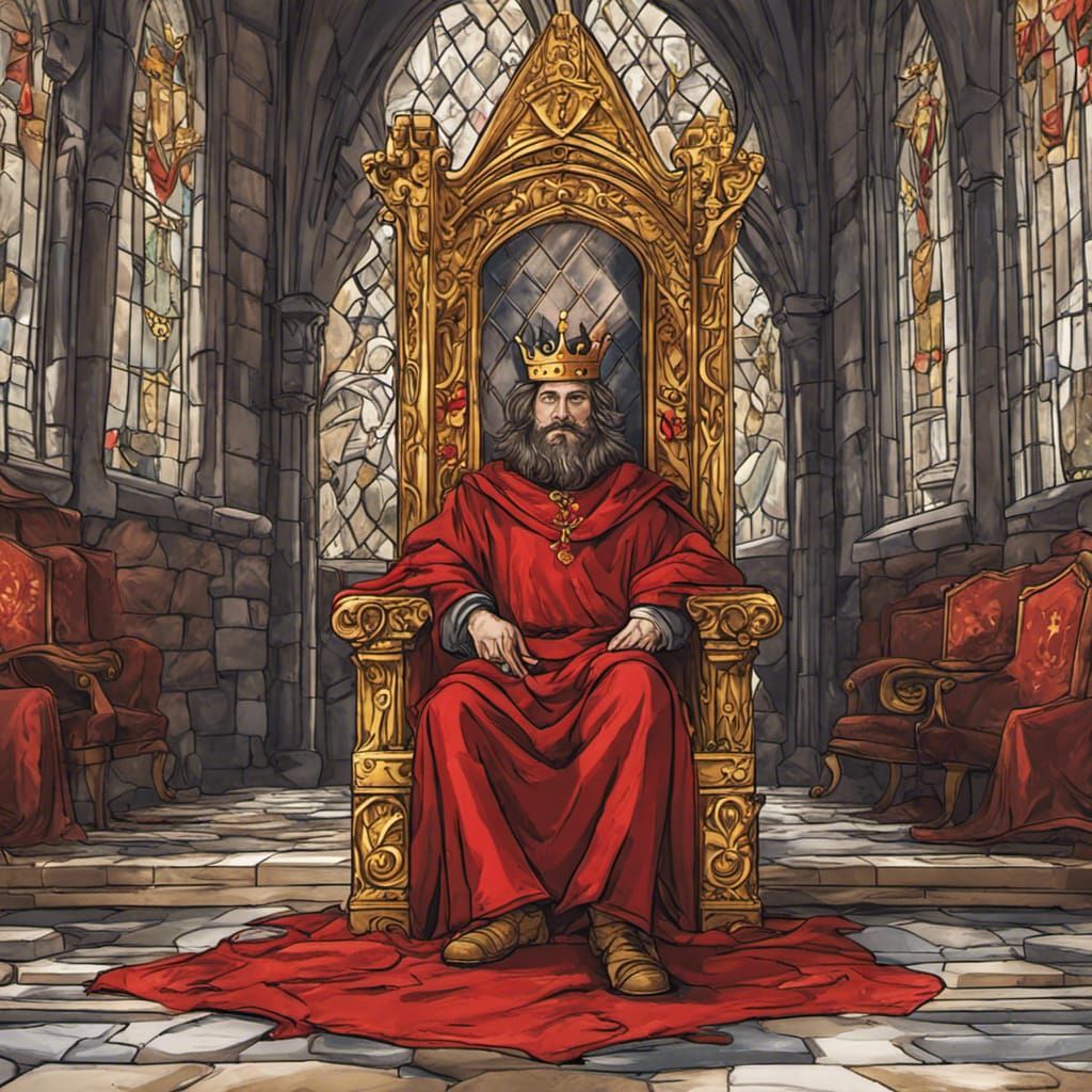 a king sitting on a golden throne in a medieval castle, wearing a crown ...