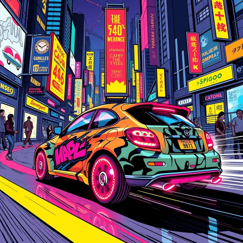 Pop-art compact cyberpunk car with graffiti designs