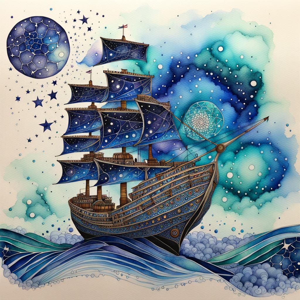 Zentangle ship - Vibrant Zentangle Ship in Fractal Starscape