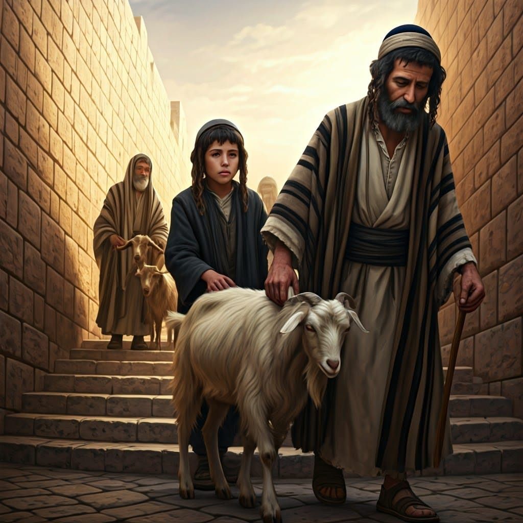 Ancient Hebrew Boy Tenderly Guides Goat Up Temple ... - AI Art