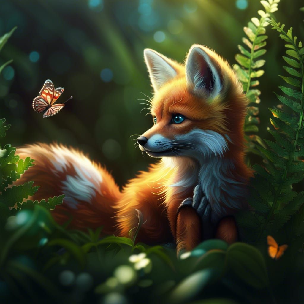 Hyper realistic photo of a fluffy cute baby fox fascinated by an ...