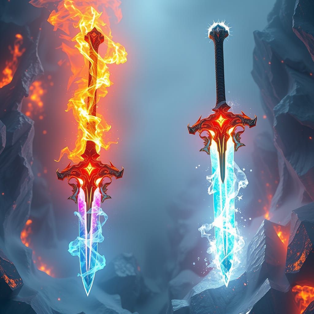 Two ultra-realistic, ultra detailed elemental swor... - AI Art