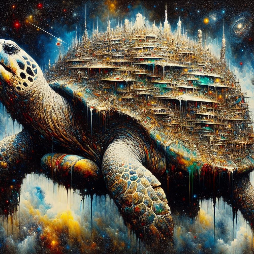 A colossal alien turtle floats in space, its massive shell supporting a ...