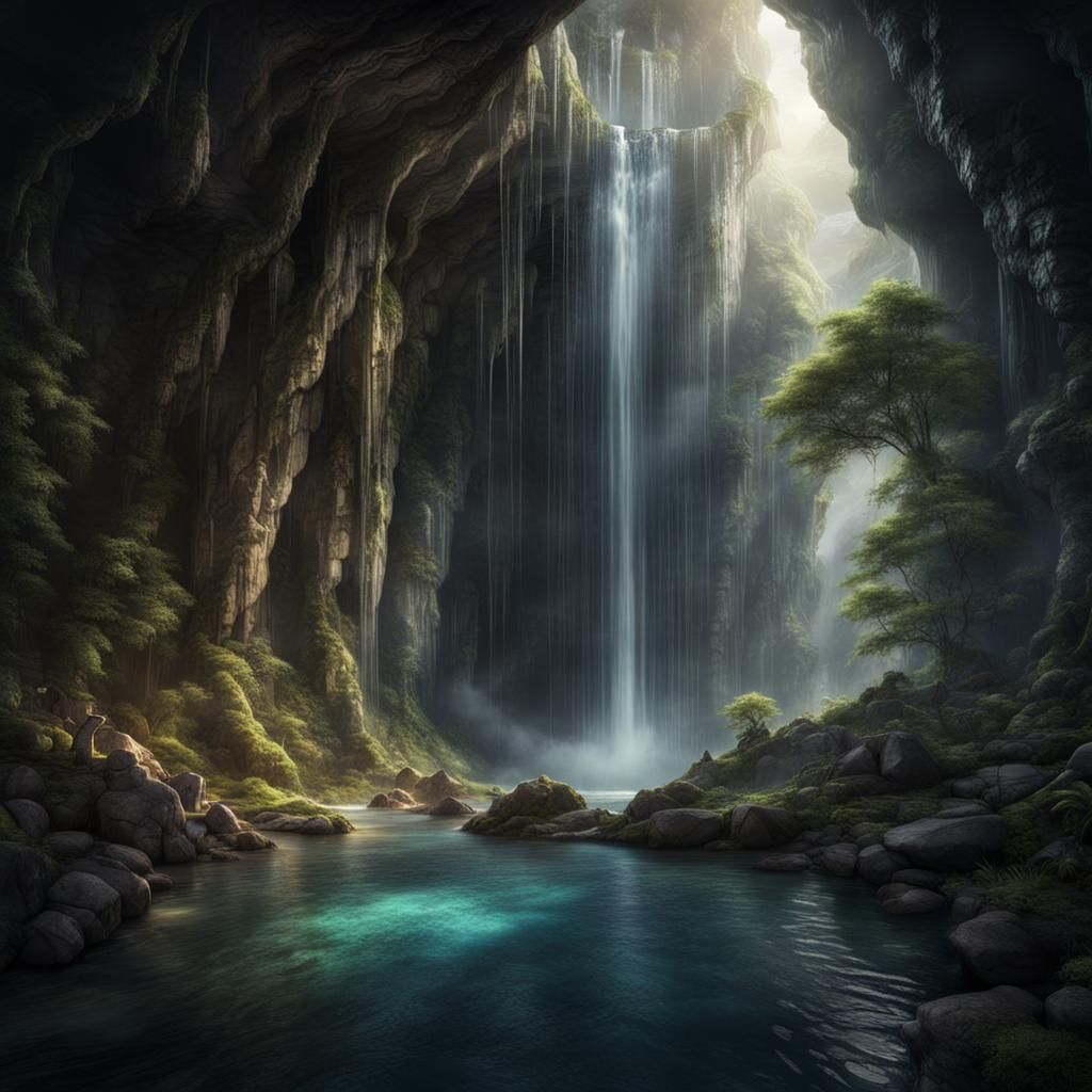 secret cave behind waterfall - AI Generated Artwork - NightCafe Creator