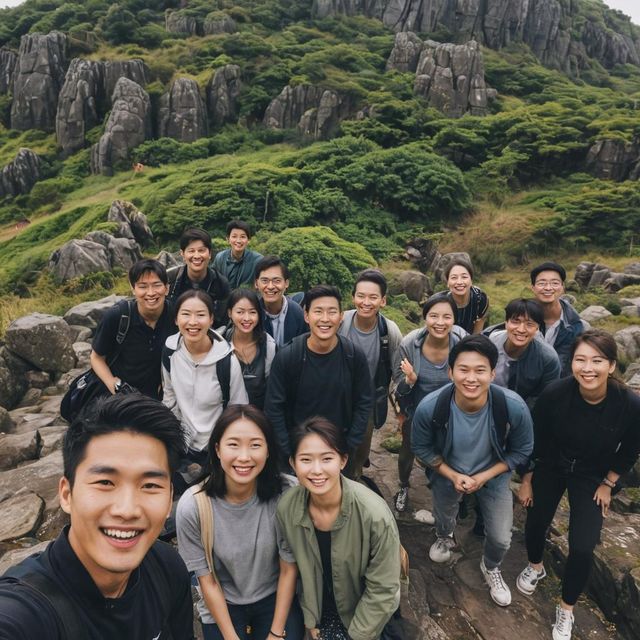 A group of young Taiwanese men and women enjoying a trip to Jeju Island ...