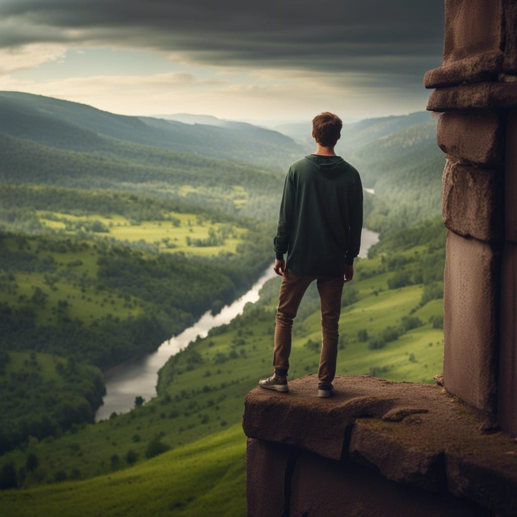 young man, standing on a ledge, looking out at a beautiful, lush and ...