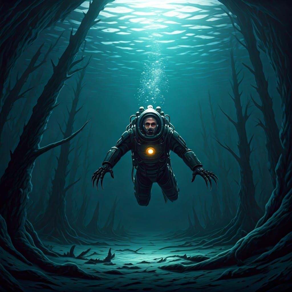 Scuba Diver in Dark, Alien-Like Ocean Depths - AI Art