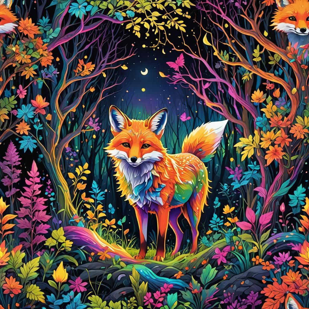 (Hyper detailed iridescent artwork of a magical fox in dazzling rainbow ...